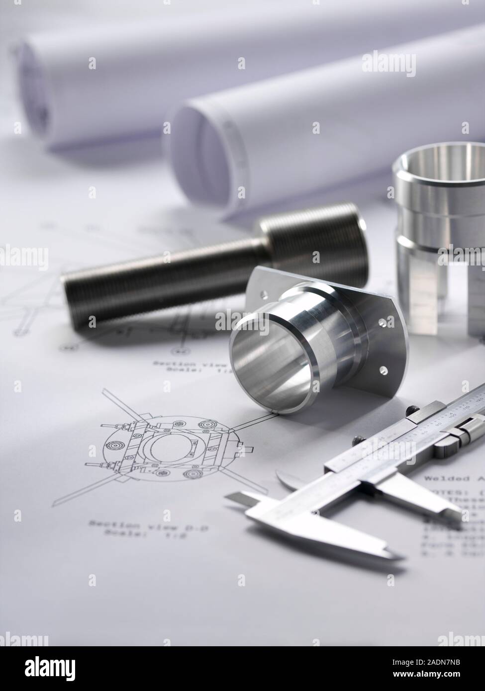 Engineering equipment and mechanical components on a technical drawing ...