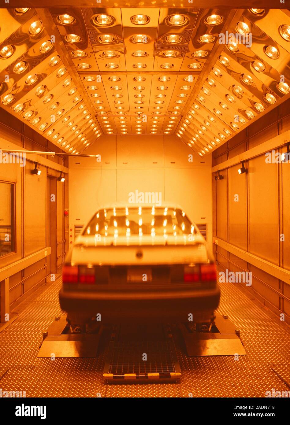 Car climate tests. Car in a climatic chamber being tested under extreme ...