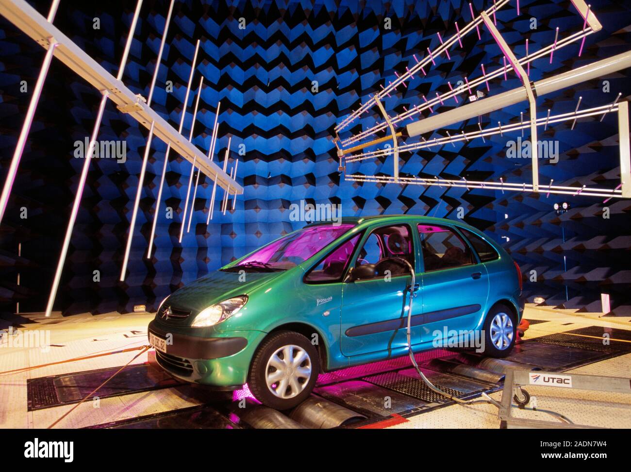 Electromagnetic compatibility test. Car inside an anechoic chamber, a ...