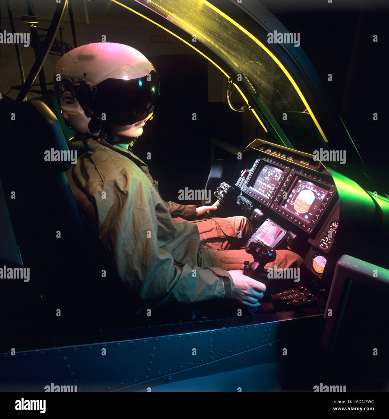 Head-up display pilot's helmet. Mannequin sat in a cockpit wearing a ...