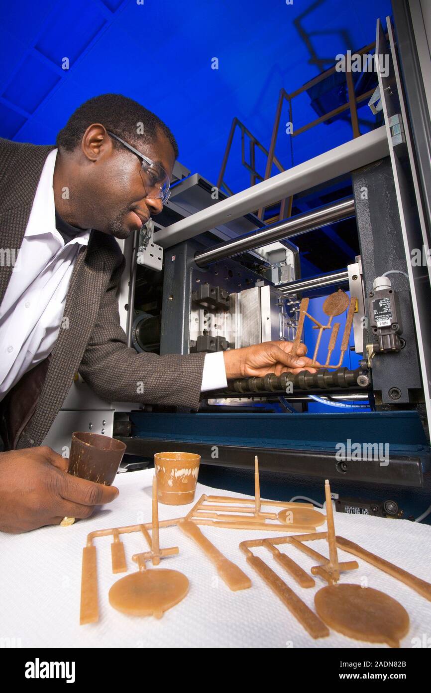 EDITORIAL USE ONLY. Bioplastic research. Moulding machine being used by ...