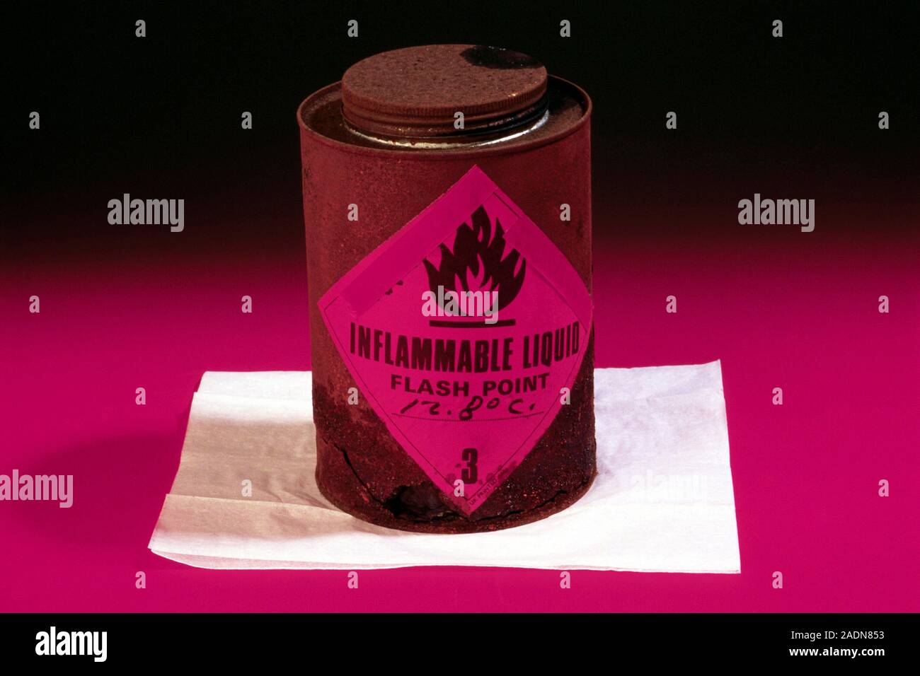 Corroded container. The inflammable chemical inside this container has ...