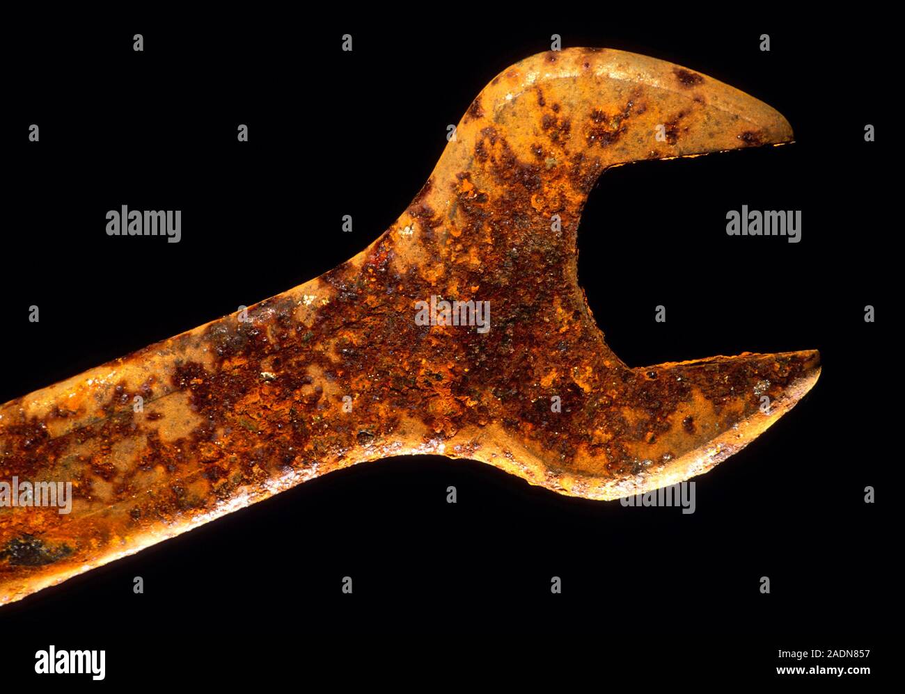 Steel spanner covered in rust. Rust is hydrated iron oxide, and results ...
