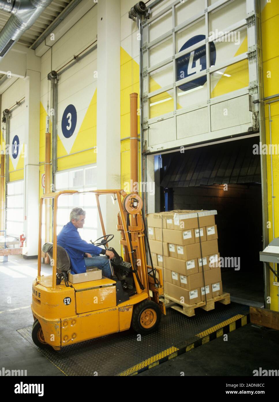 MODEL RELEASED. Fork-lift truck loading boxes onto a lorry Stock Photo ...