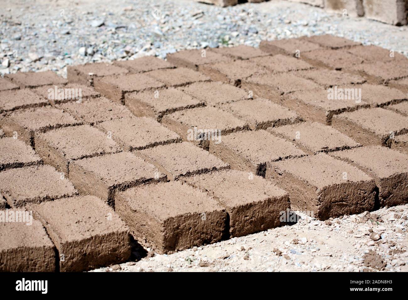 Mud bricks drying in the sun. Isolated rural areas make bricks from ...