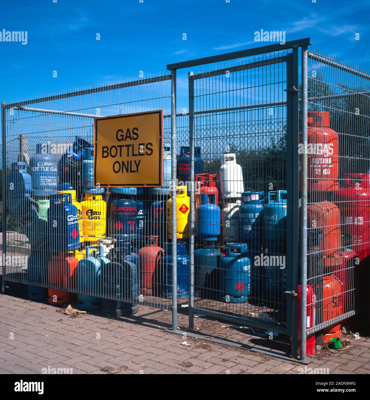 Gas cylinder recycling. Recycling point for domestic gas cylinders at a ...