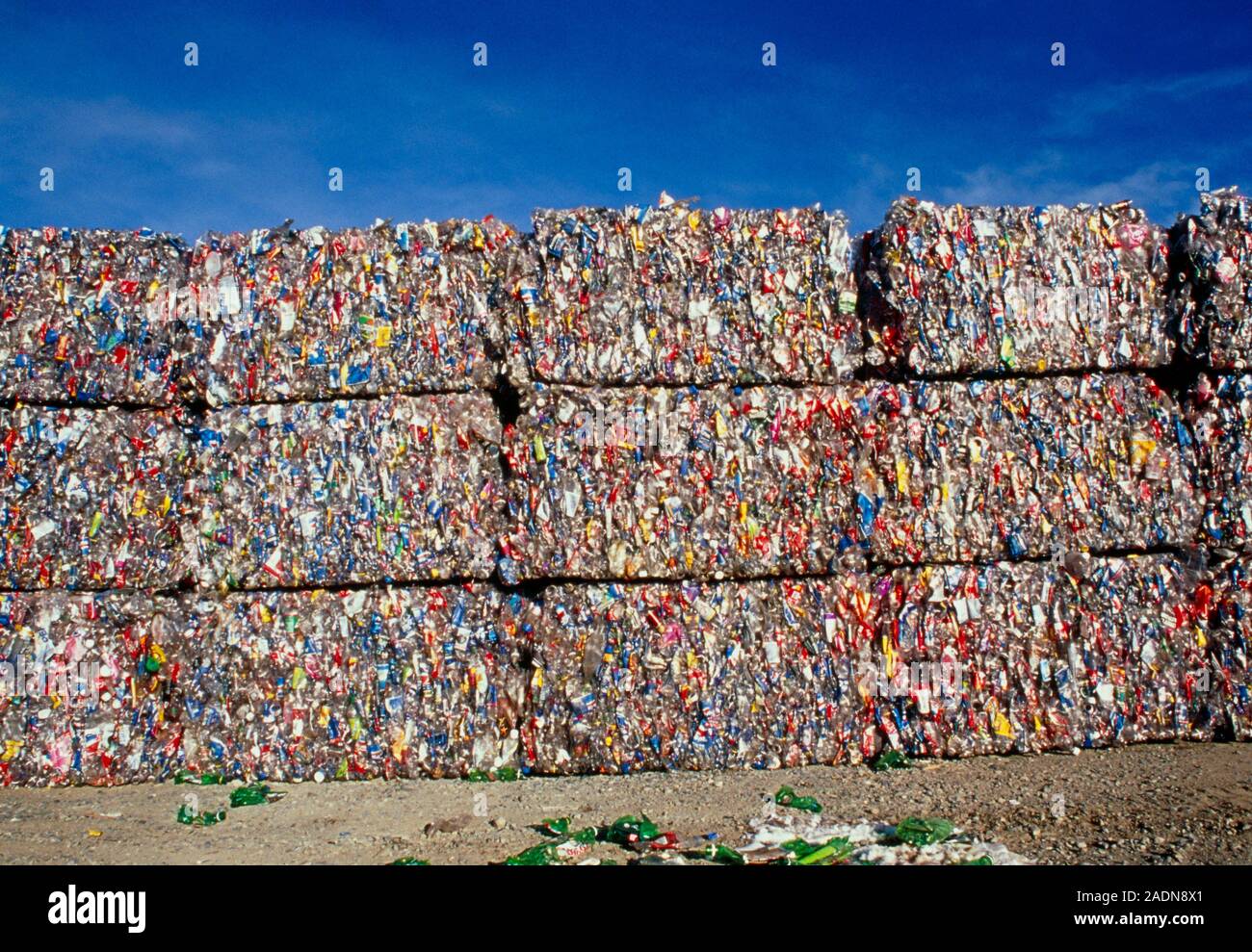 Plastic recycling. Blocks of crushed plastic bottles for recycling ...