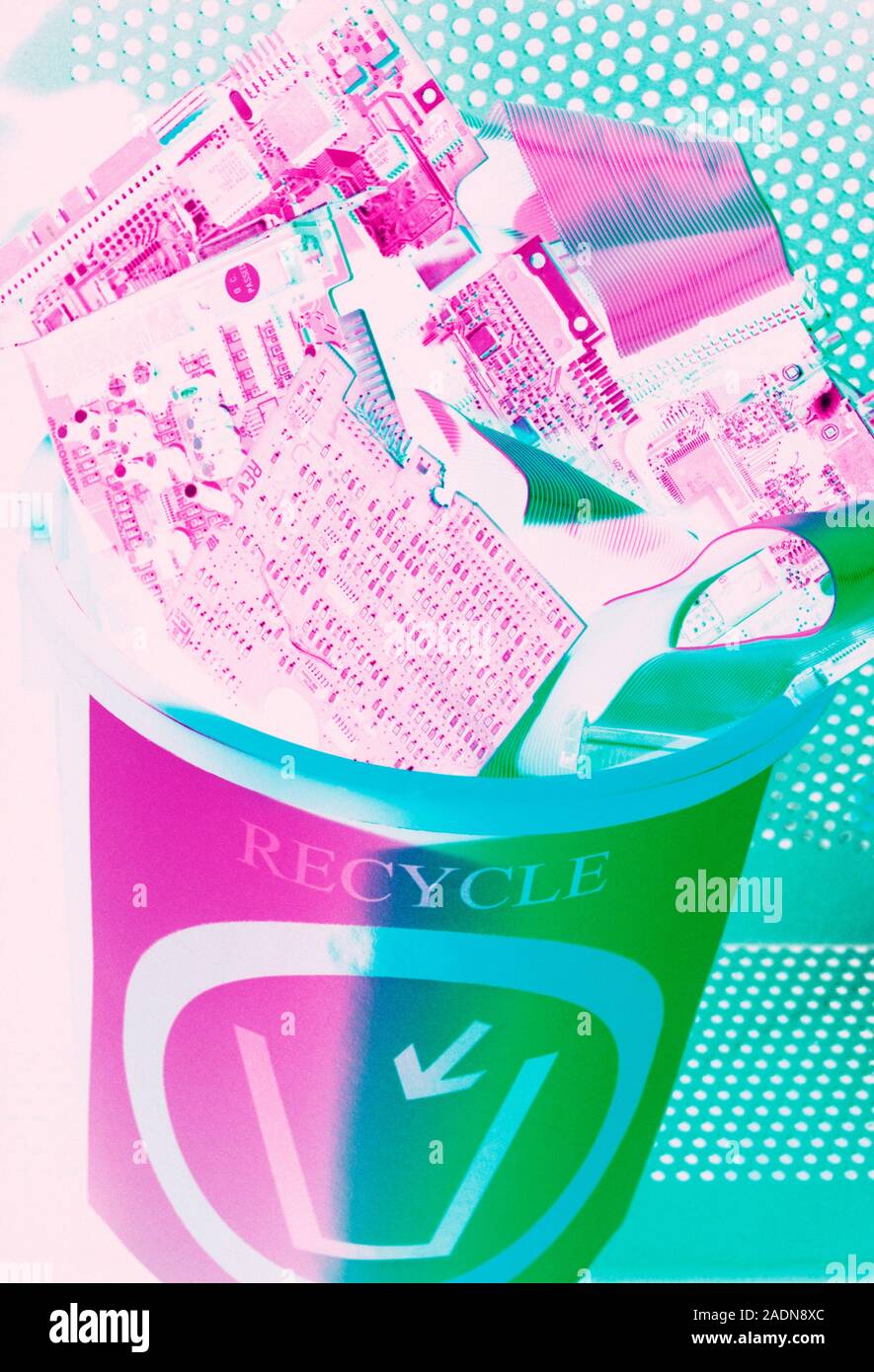 Recycling computer components. Cross-processed image of integrated ...