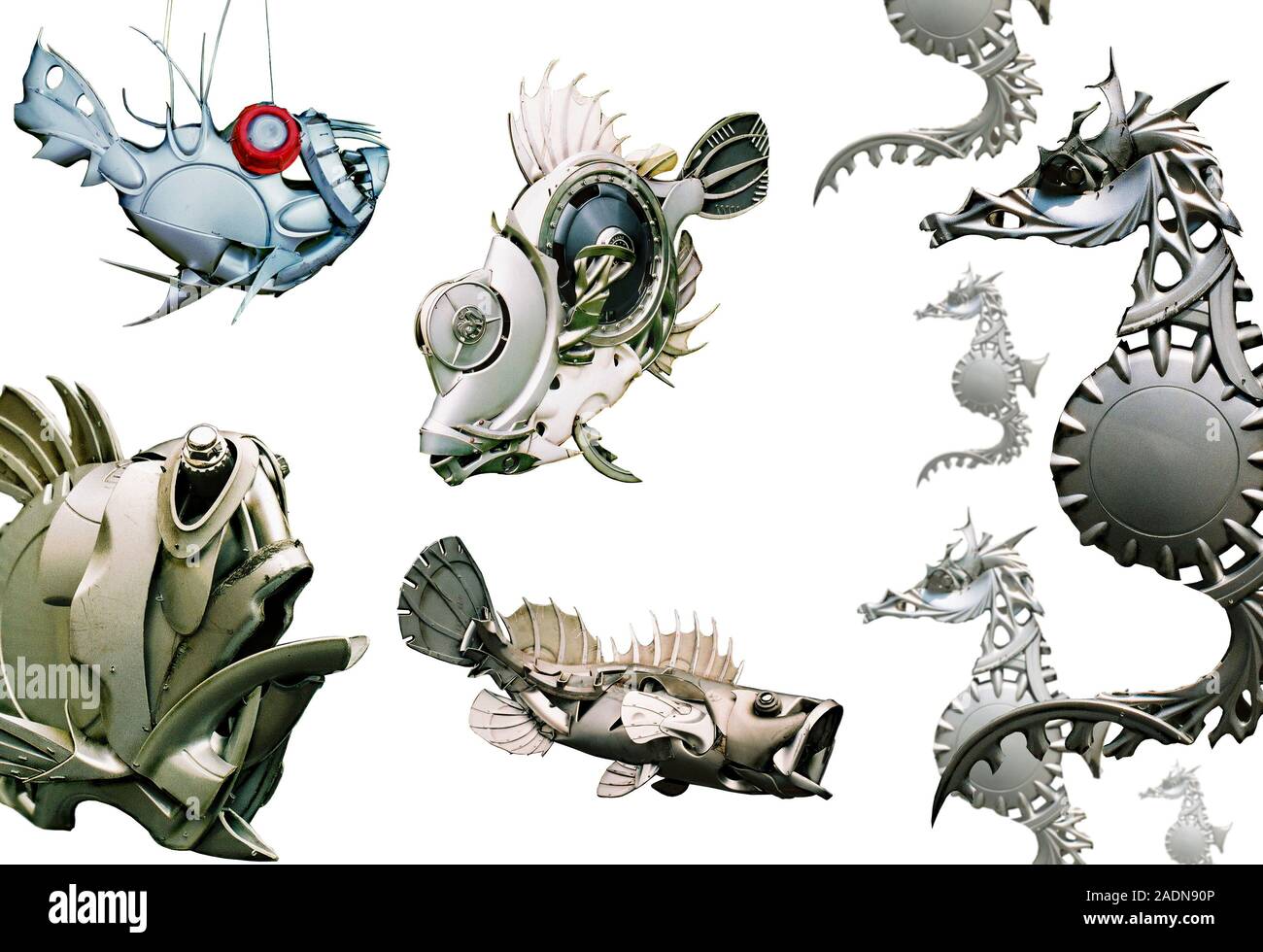 Fish sculptures. Composite photograph showing sculptures of fish made ...