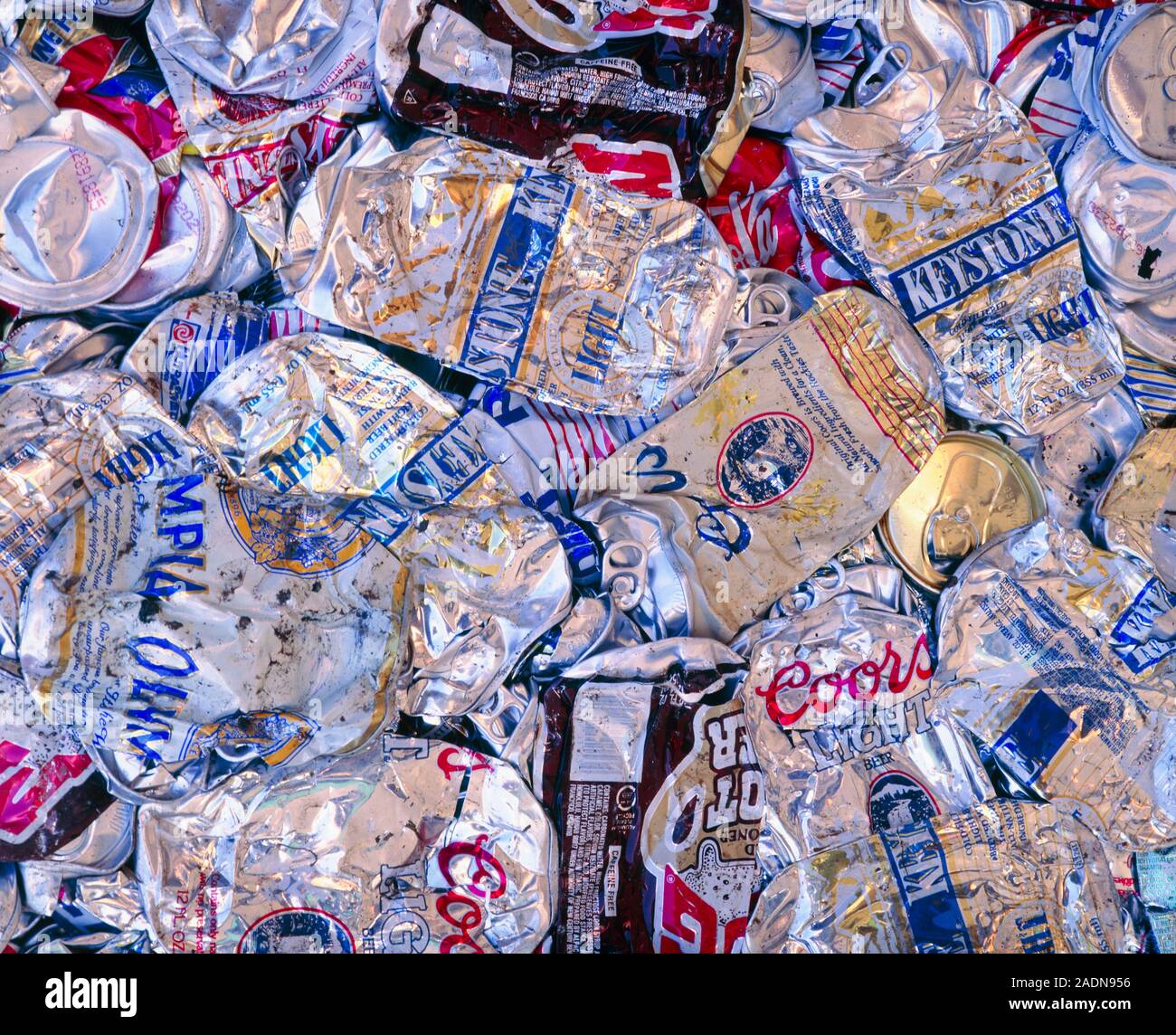 Recycling aluminium cans. Close-up of crushed aluminium drink cans ...