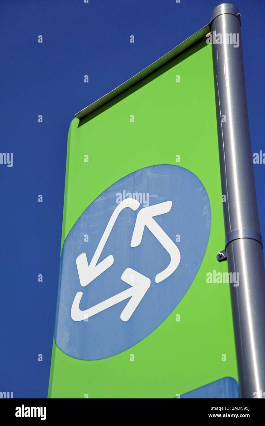 Recycling symbol on a sign at a recycling collection point ...