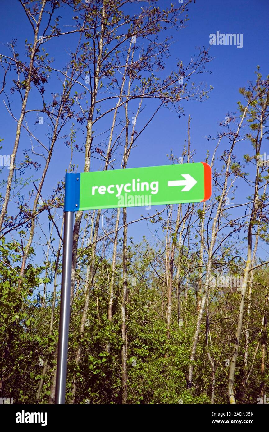 Recycling sign indicating the location of a a recycling collection ...