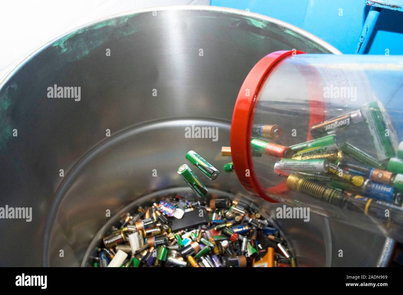 Recycling household batteries. Supermarket collection point container ...