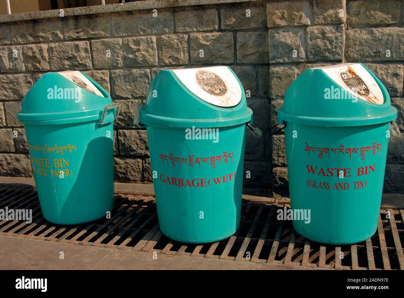 Recycling bins in a street. Photographed beside the Sherab Ling ...