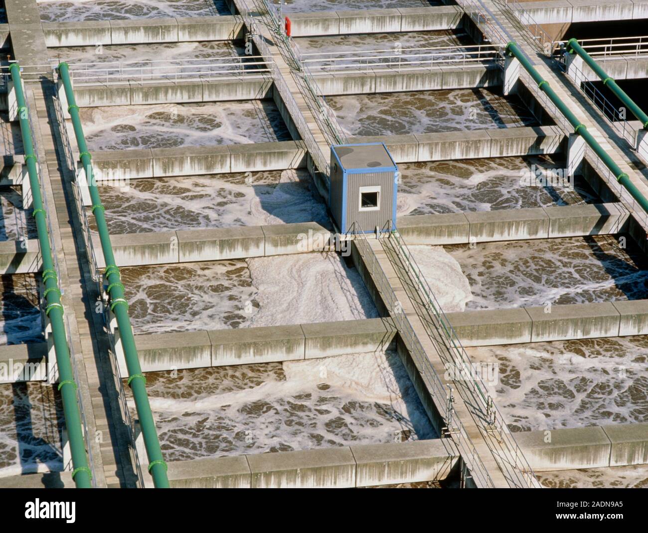 Sewage treatment. Aerial view of pools used in bacterial aerobic ...