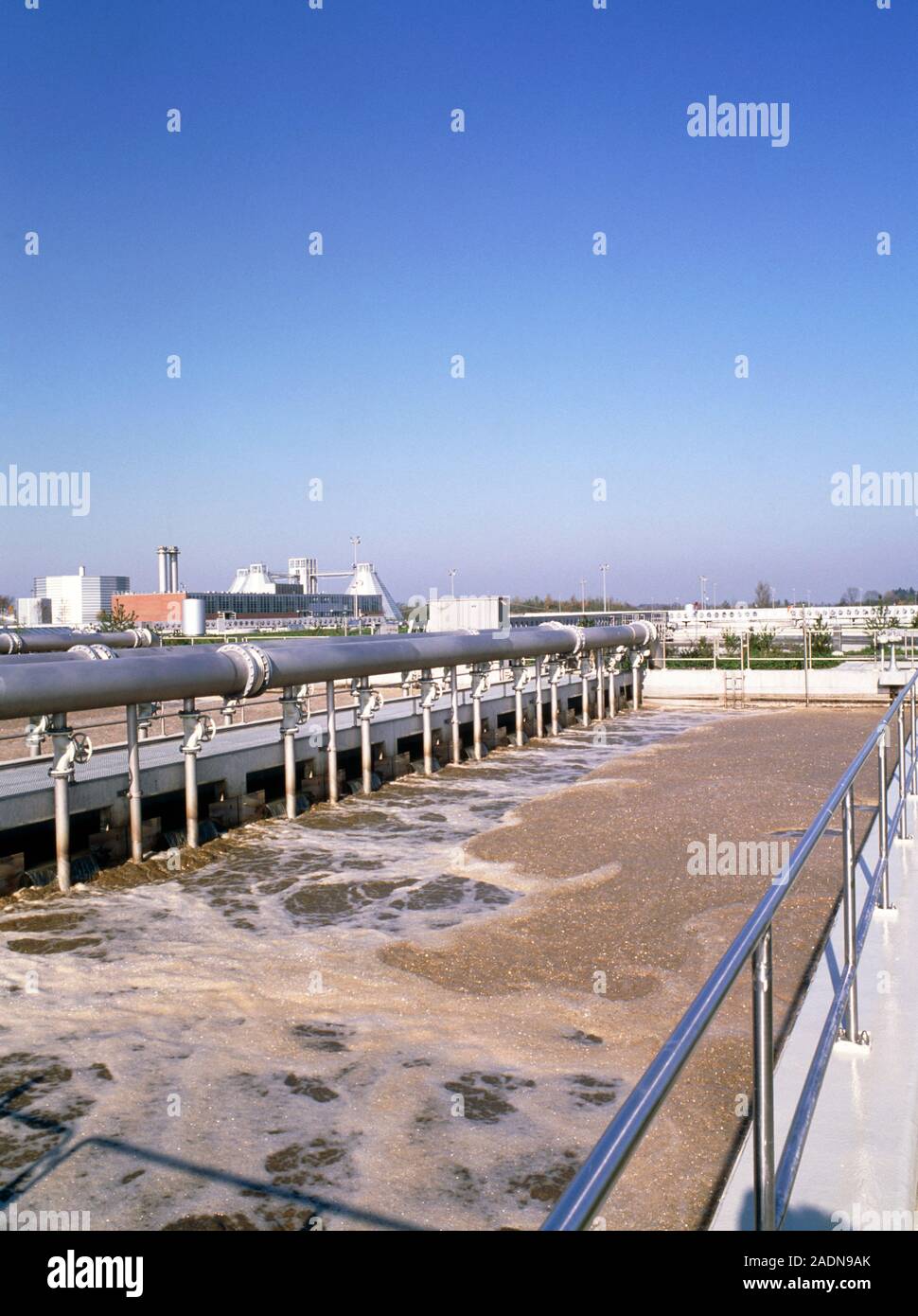 Sewage treatment. Pool used in bacterial aerobic treatment of sewage at ...