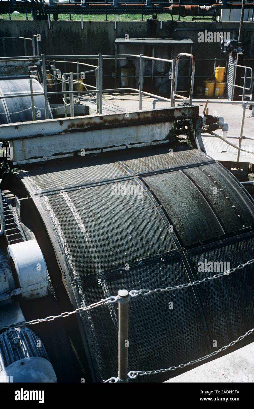 Waste water treatment plant. Rotating coarse filters at a sewage ...