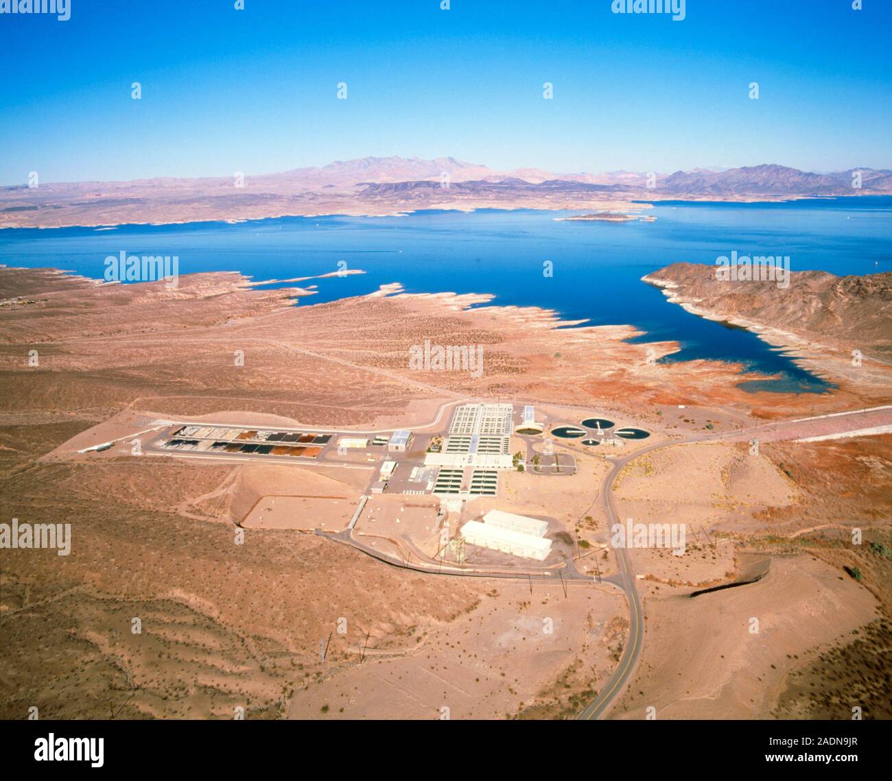 Aerial view of a desalination plant on the shore of Lake Mead, Nevada ...