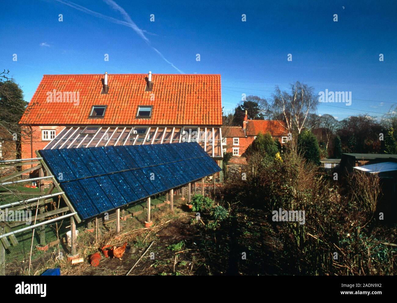 Britain's first autonomous house. View of a bank of solar panels ...