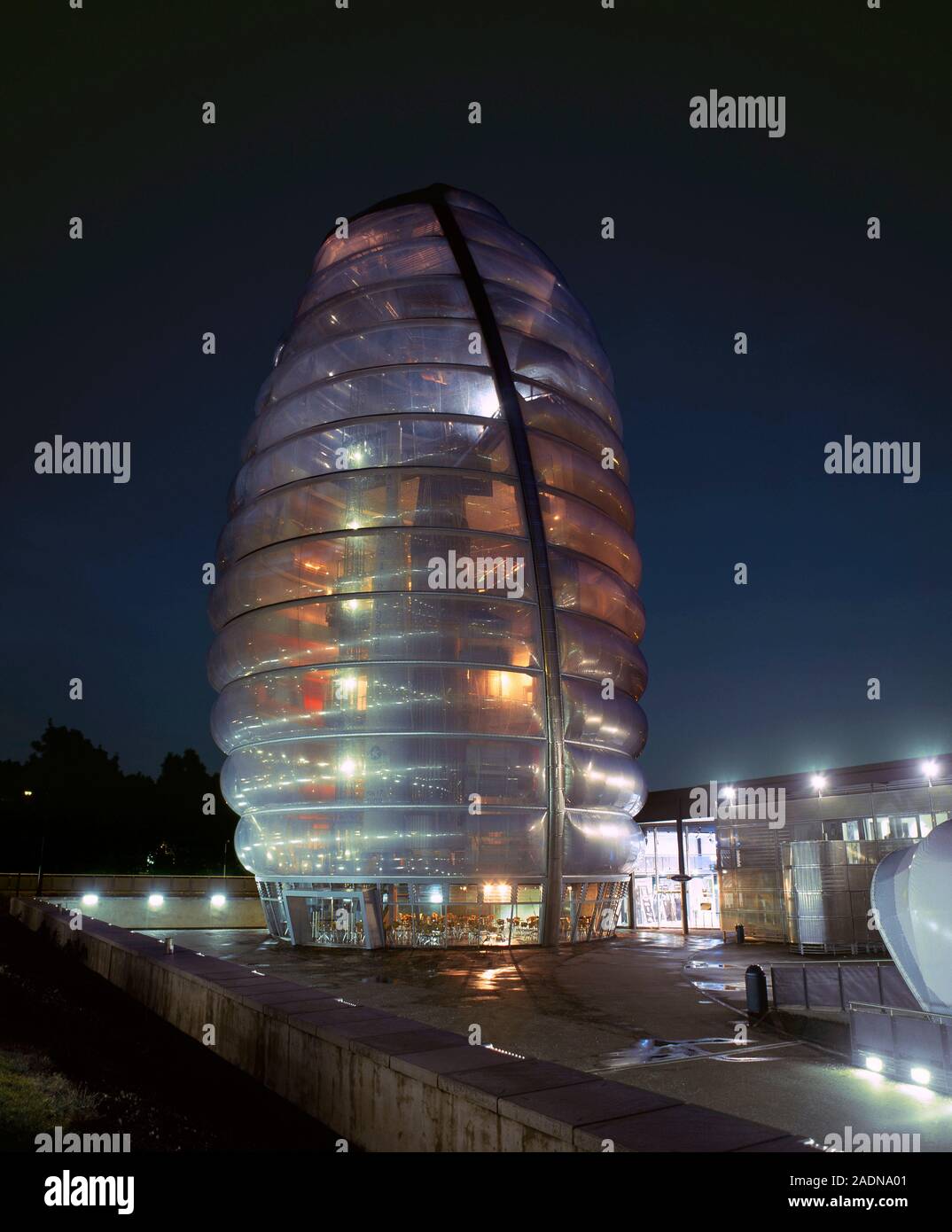 National Space Centre rocket tower illuminated at night. The tower ...