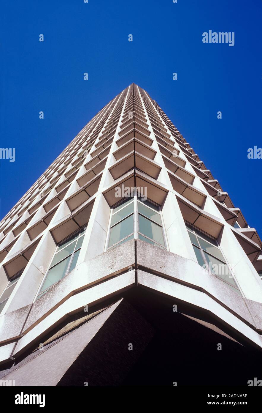 Tower block. Looking up a corner of a tower block. There are over 30 ...