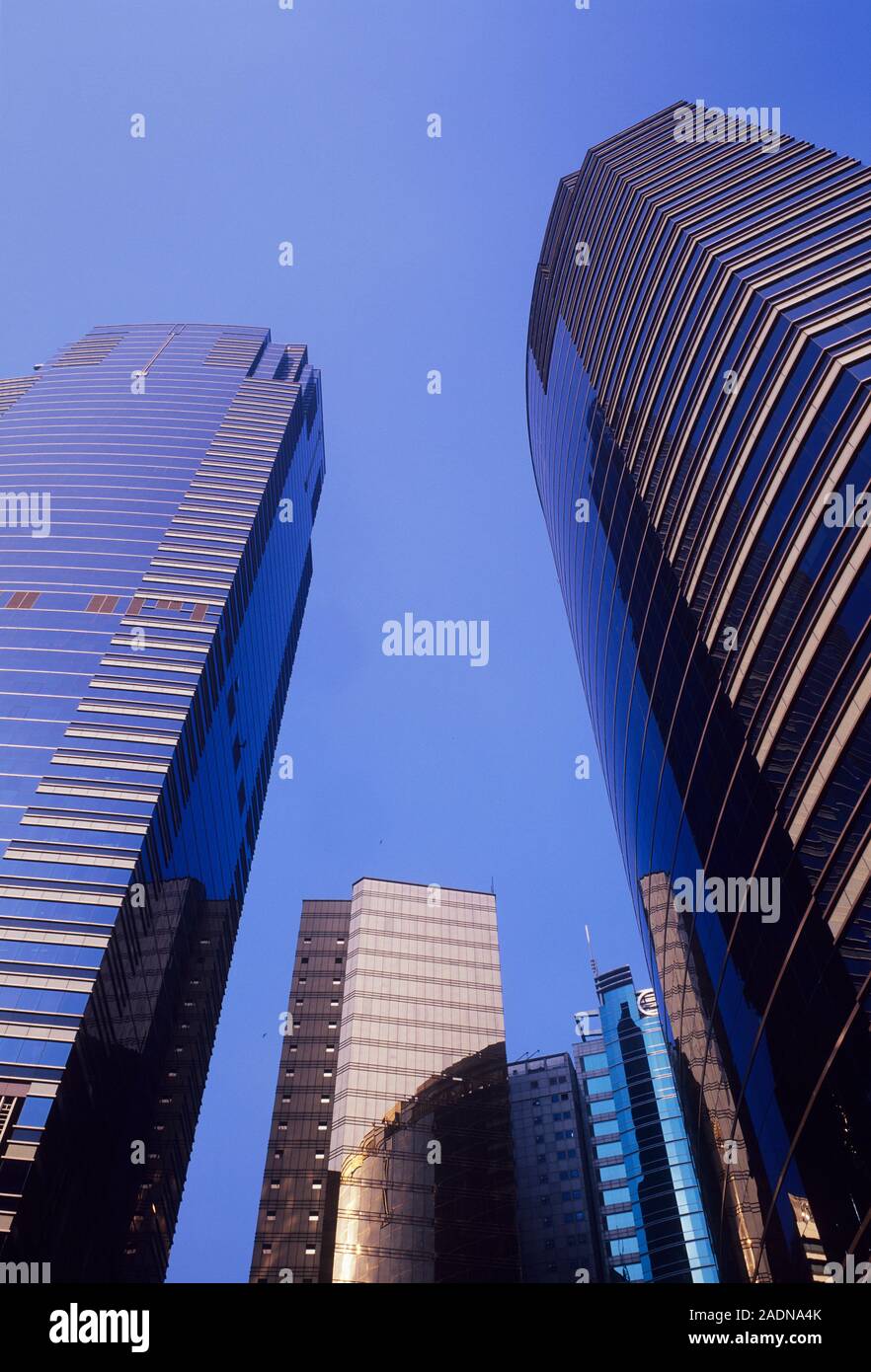 Skyscrapers, Hong Kong, China. View looking up at several skyscrapers ...