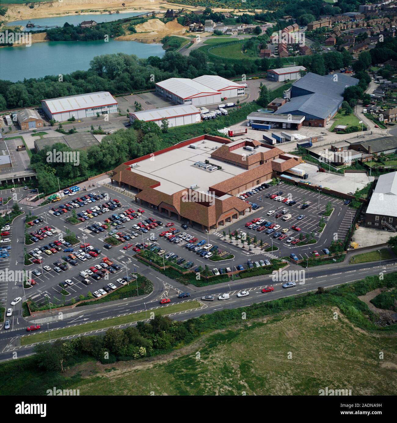 Supermarket. Large supermarket with car park in a retail park ...