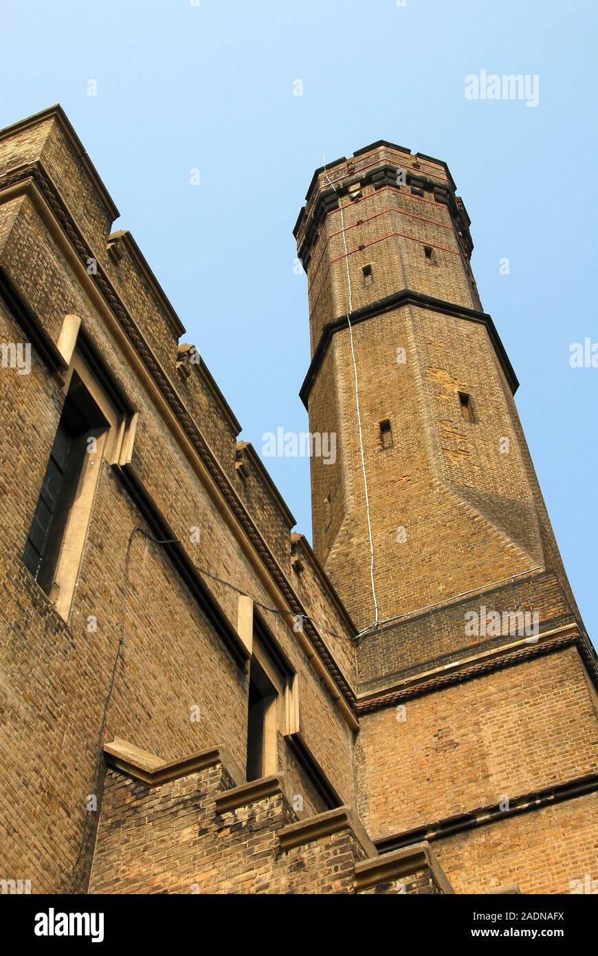 Lightning conductor on the outside of a tall tower. The conductor ...