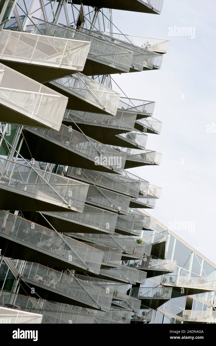 Apartment balconies. Triangular shaped balconies on a block of flats ...