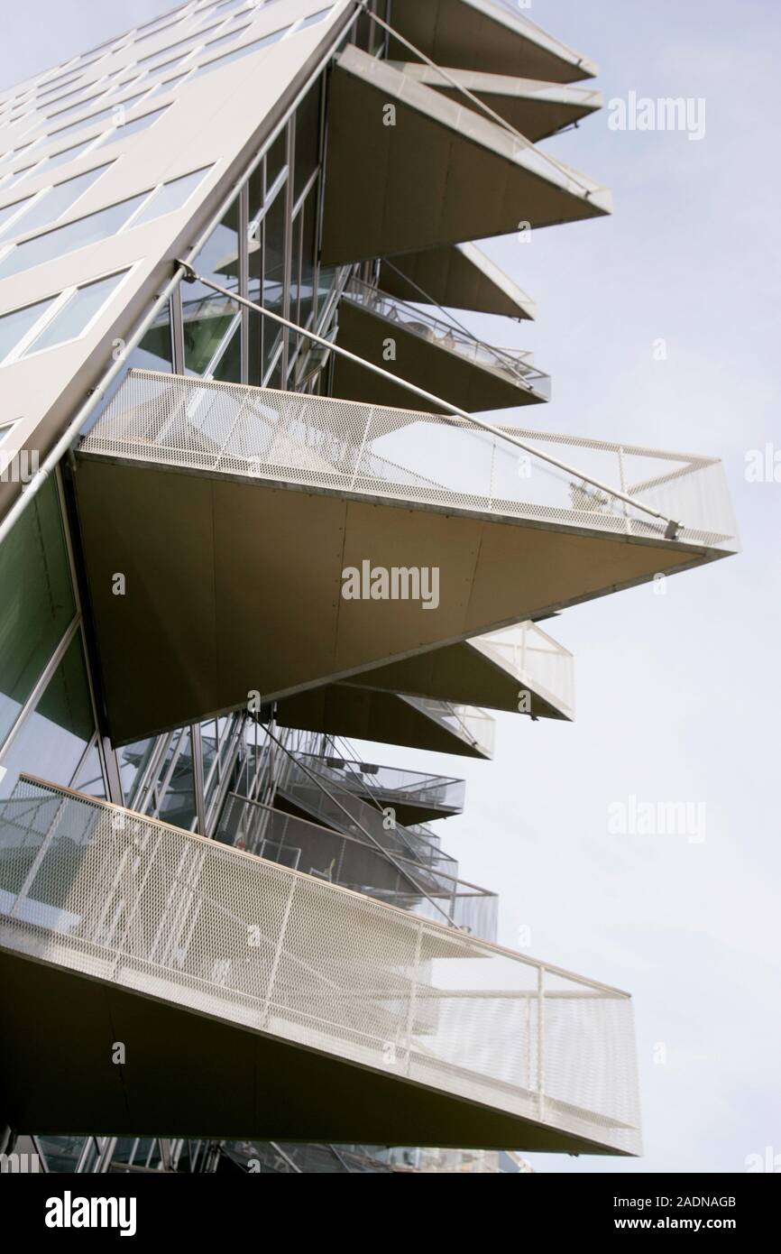 Apartment balconies. Triangular shaped balconies on a block of flats ...