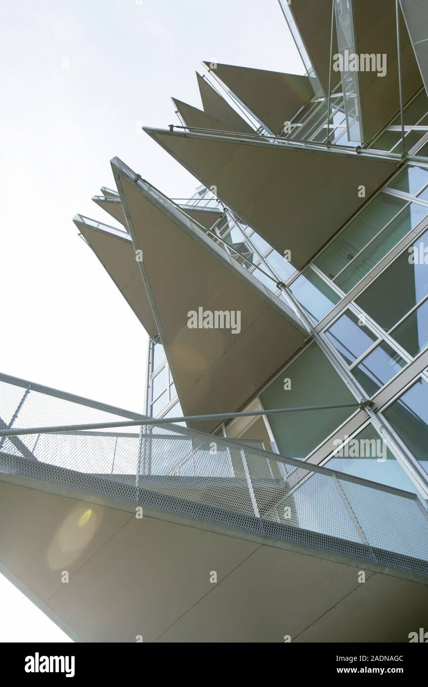 Apartment balconies. Triangular shaped balconies on a block of flats ...