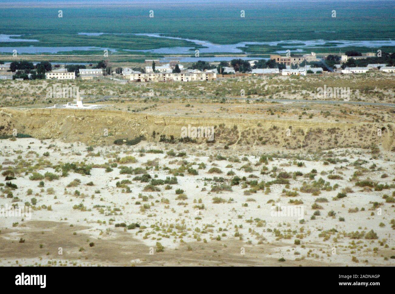 Drying of the Aral Sea. Aerial photograph of the former port of Muynak ...