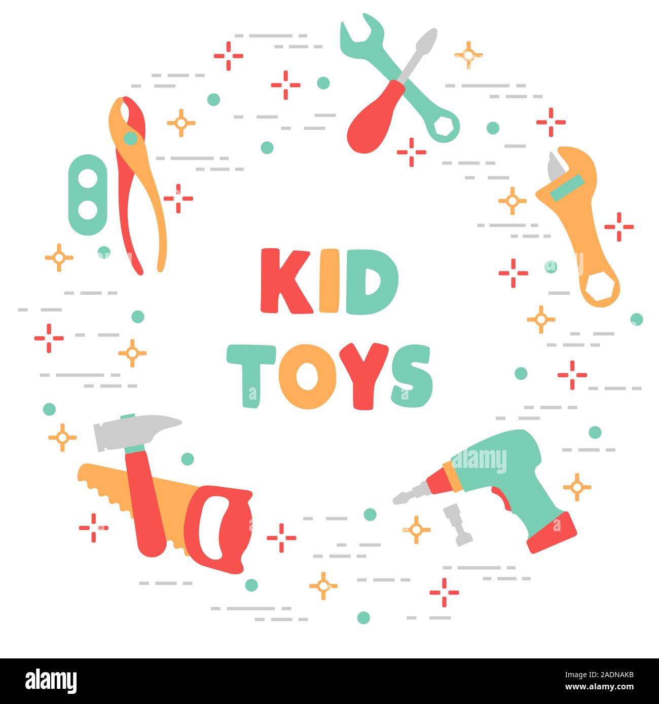 Vector illustration with kid toys. Toy tools. Saw, hammer, screwdrivers ...