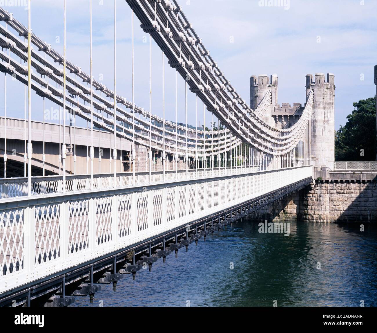 Conwy suspension bridge. This bridge spans the River Conwy, Wales, and ...