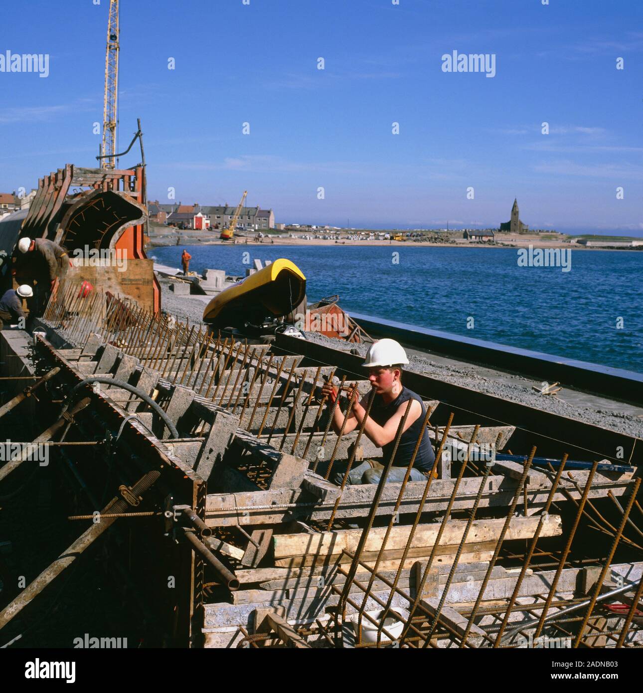 Construction of a sea-wall at Newbiggin Northumberland in the UK Stock ...