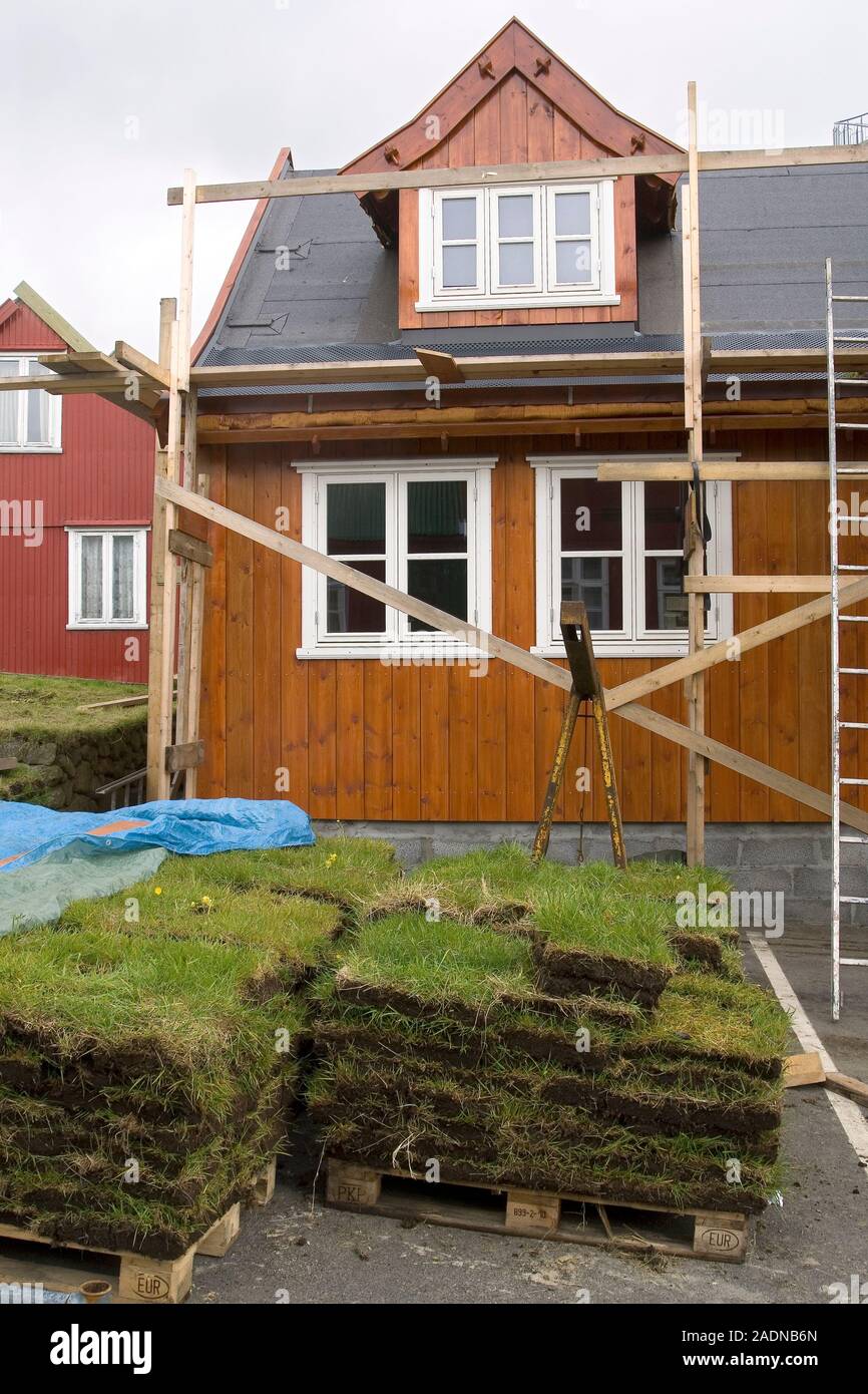 Grass roof. Blocks of turf ready to be used as roofing material. A ...