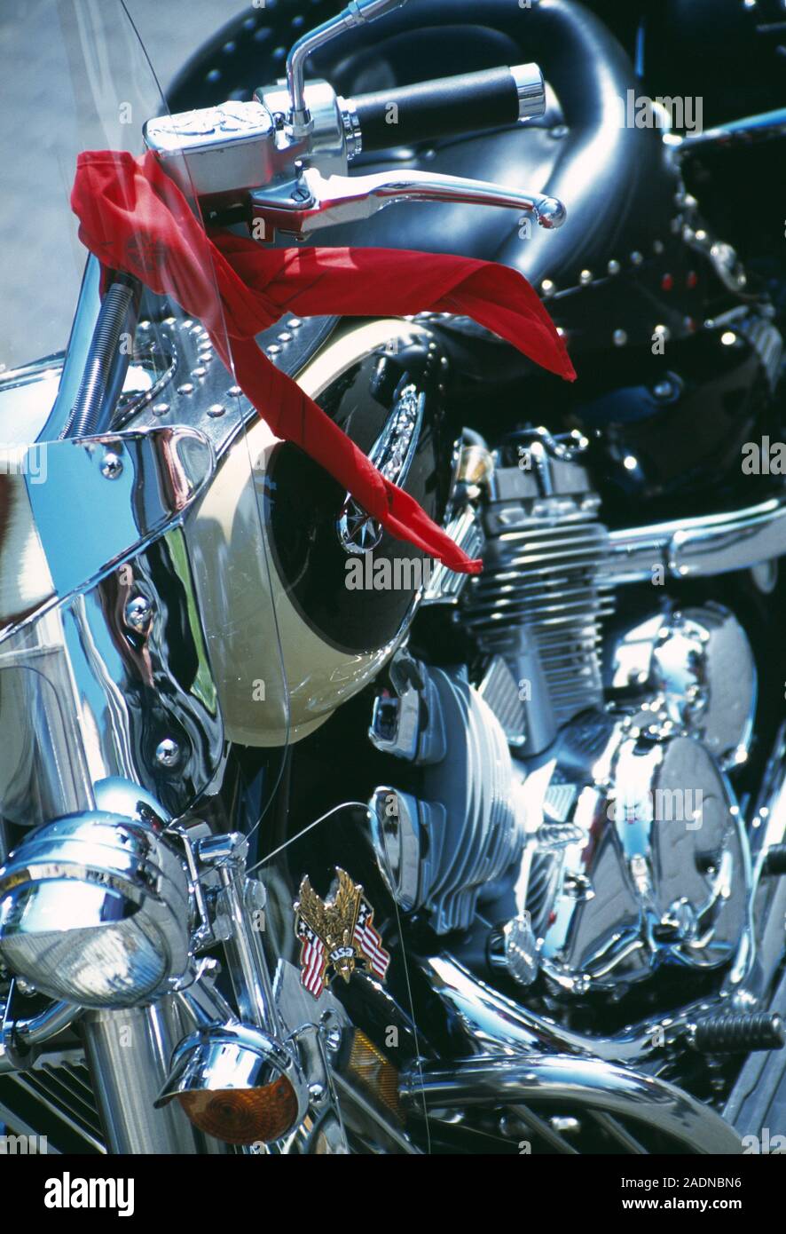 Motorcycle engine. Shiny, polished chrome fixtures and fittings of the ...
