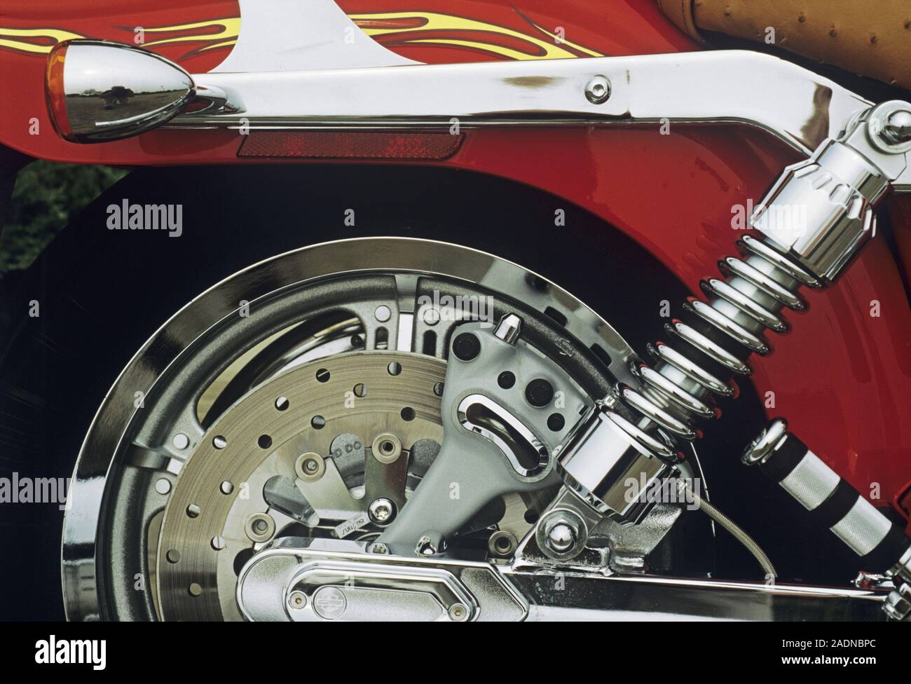 Disc brake system. Hydraulic disc brake on the rear wheel of a Harley ...