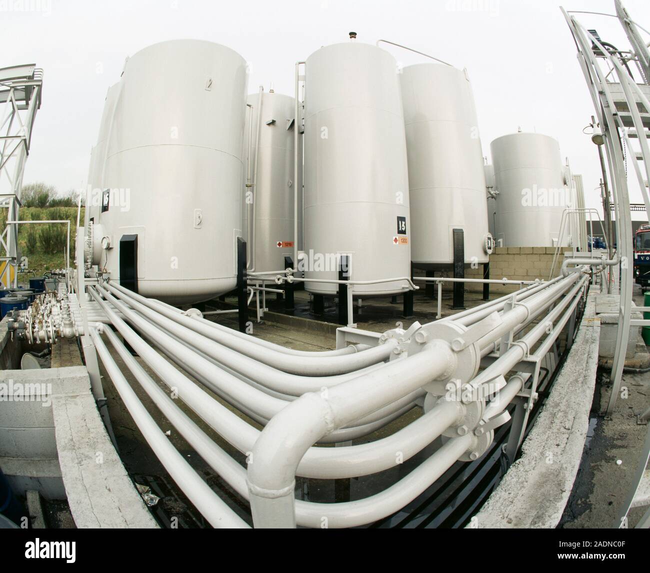Chemical factory. External pipework and storage tanks at a chemical ...