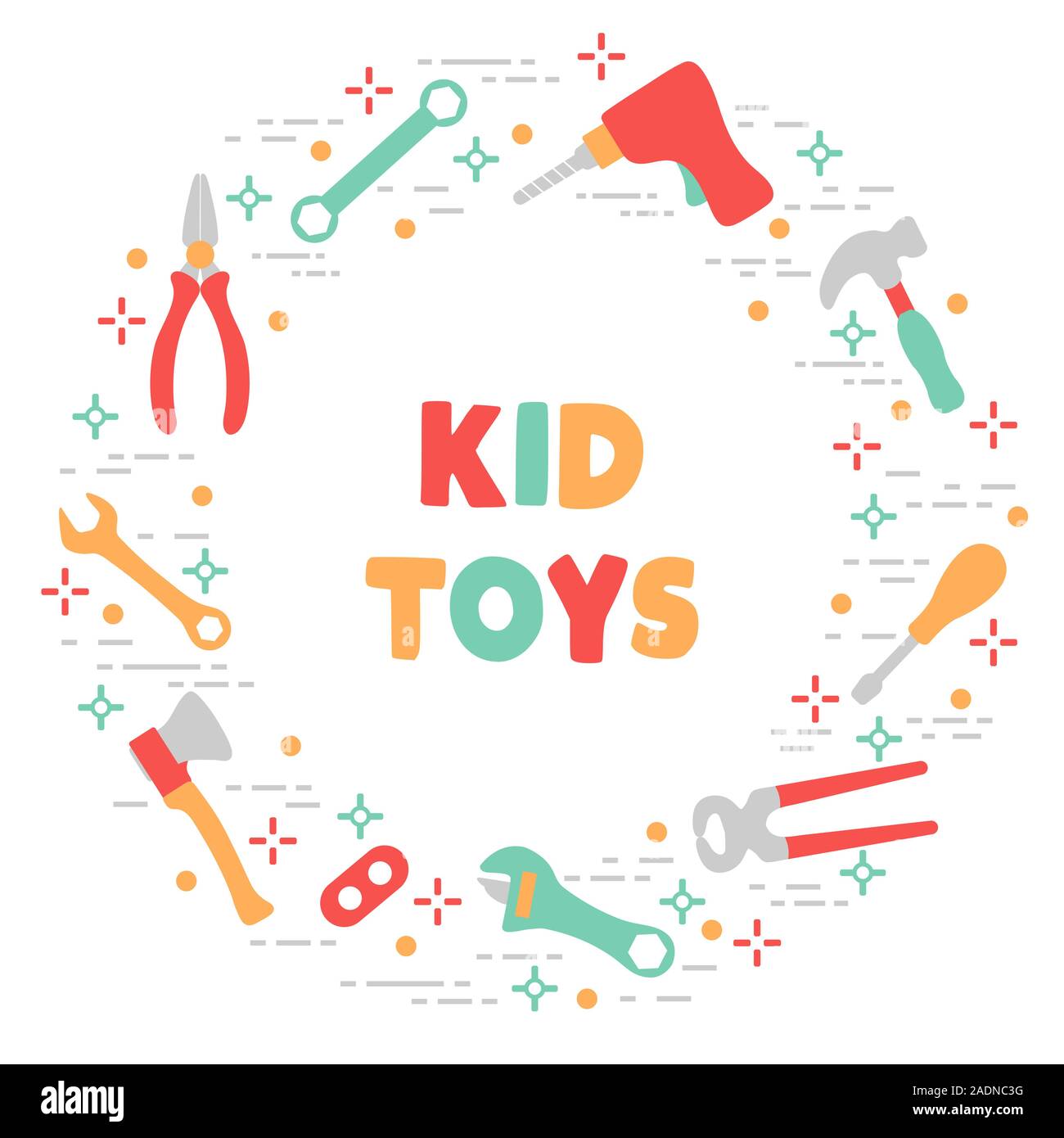 Vector illustration with kid toys Toy tools Drill, ax, hammer ...