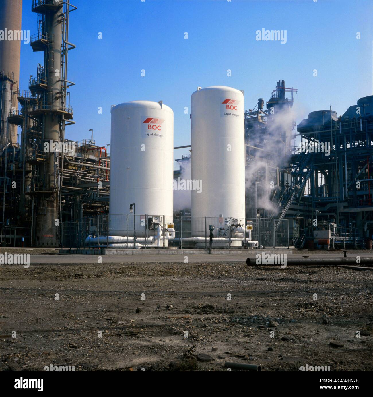 Liquefied nitrogen storage tanks. Nitrogen is liquid at temperatures ...