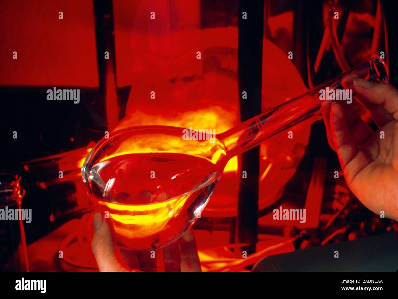 Volumetric flask. Hands hold a volumetric flask which contains ...