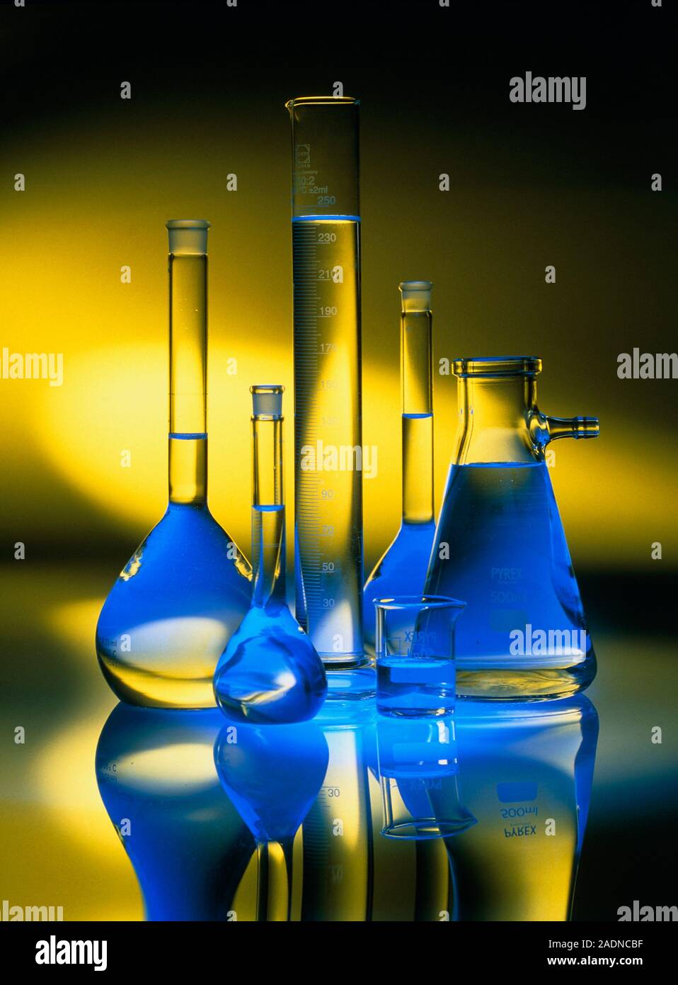 Laboratory glassware. Assortment of flasks and other laboratory ...