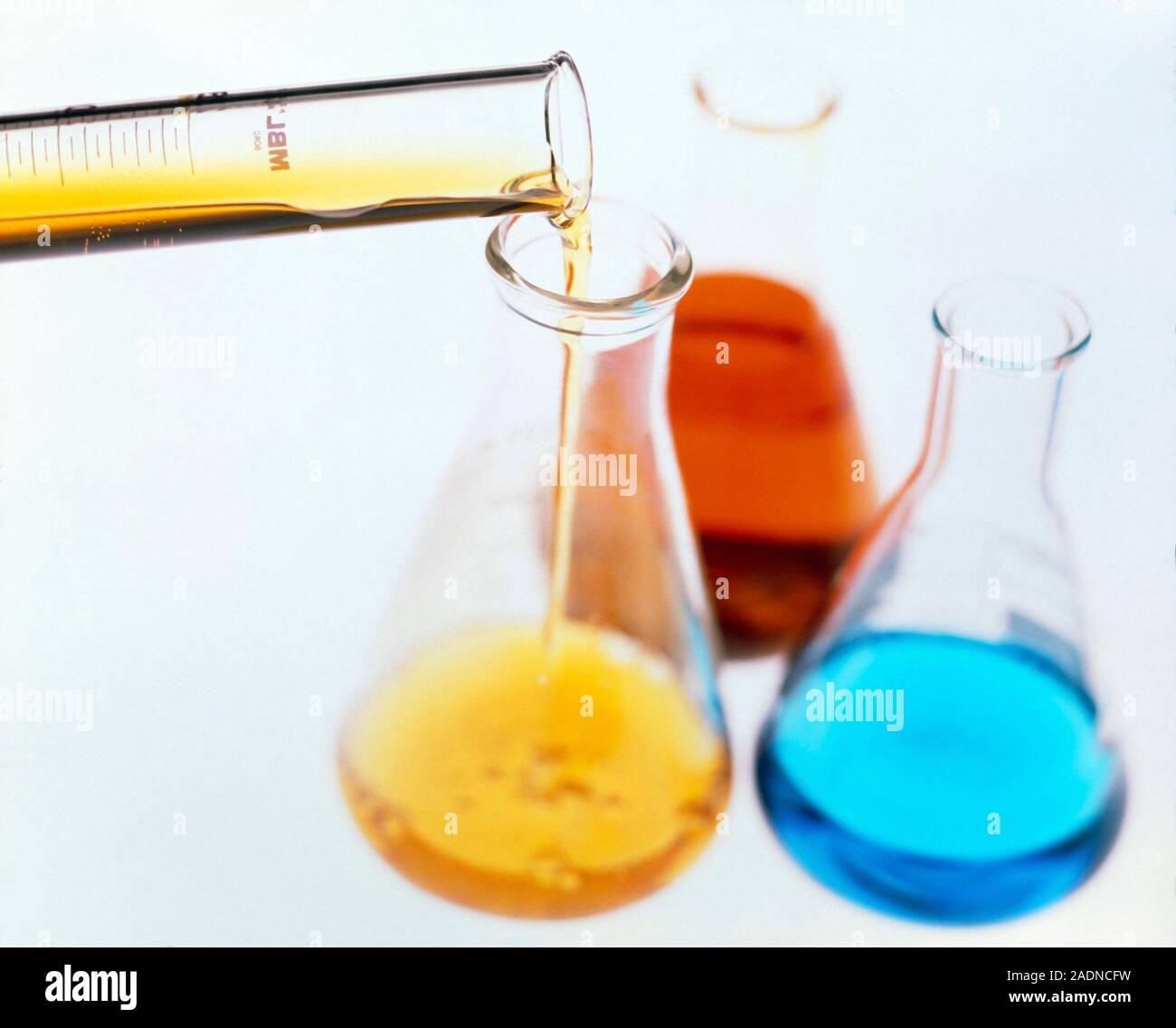 Laboratory glassware. View of yellow liquid being poured from a ...