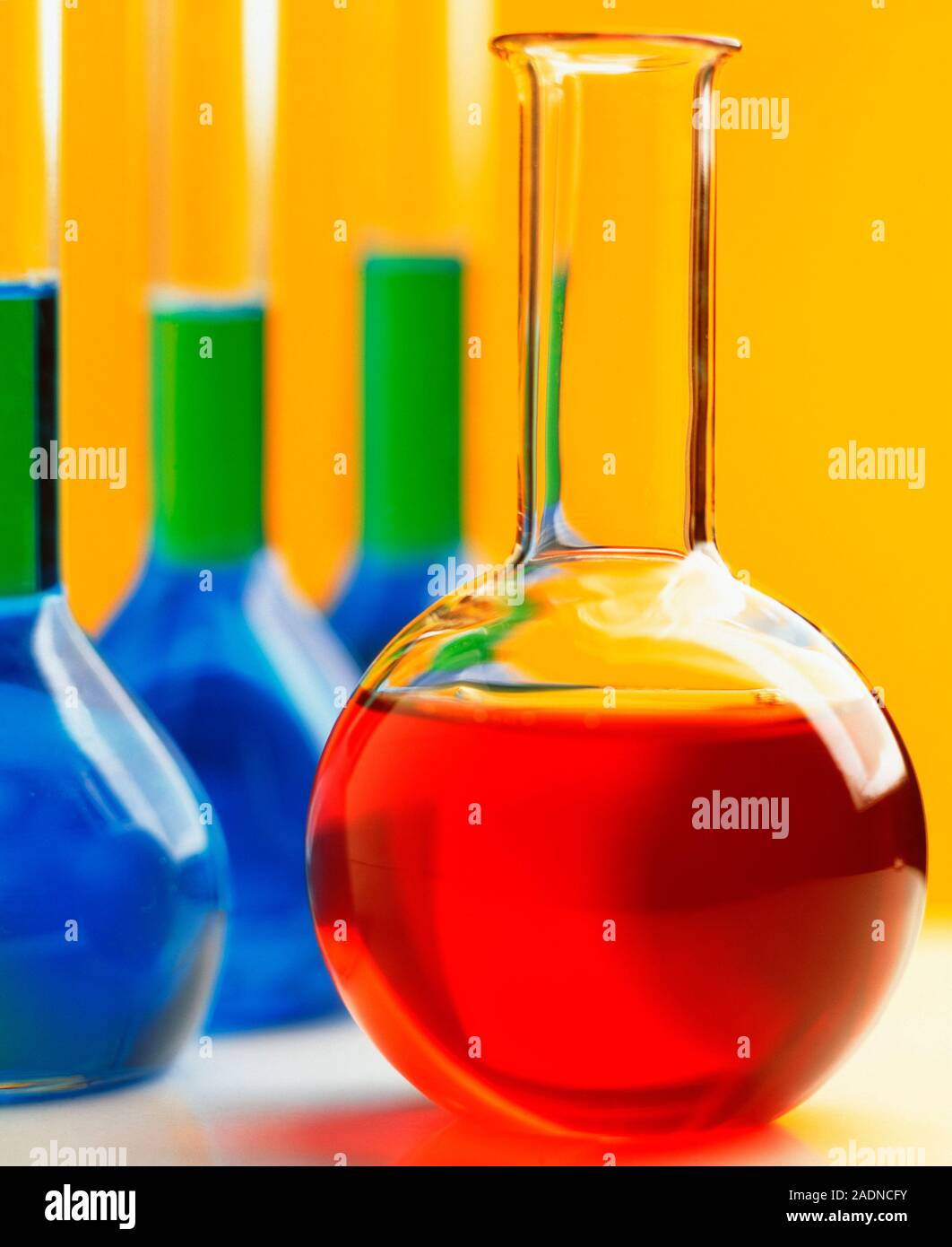 Laboratory flasks. View of assorted items of laboratory glassware. At ...