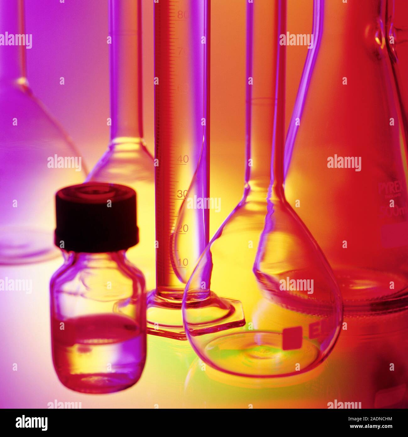 Laboratory glassware. Assortment of laboratory glassware. At centre is ...