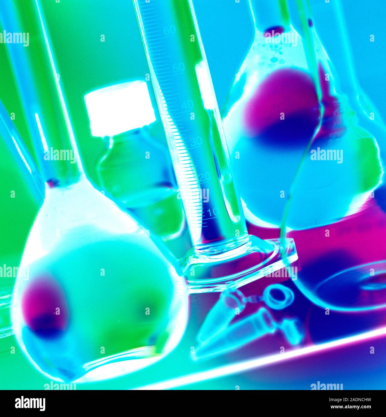 Laboratory glassware. Assortment of laboratory glassware. At upper ...