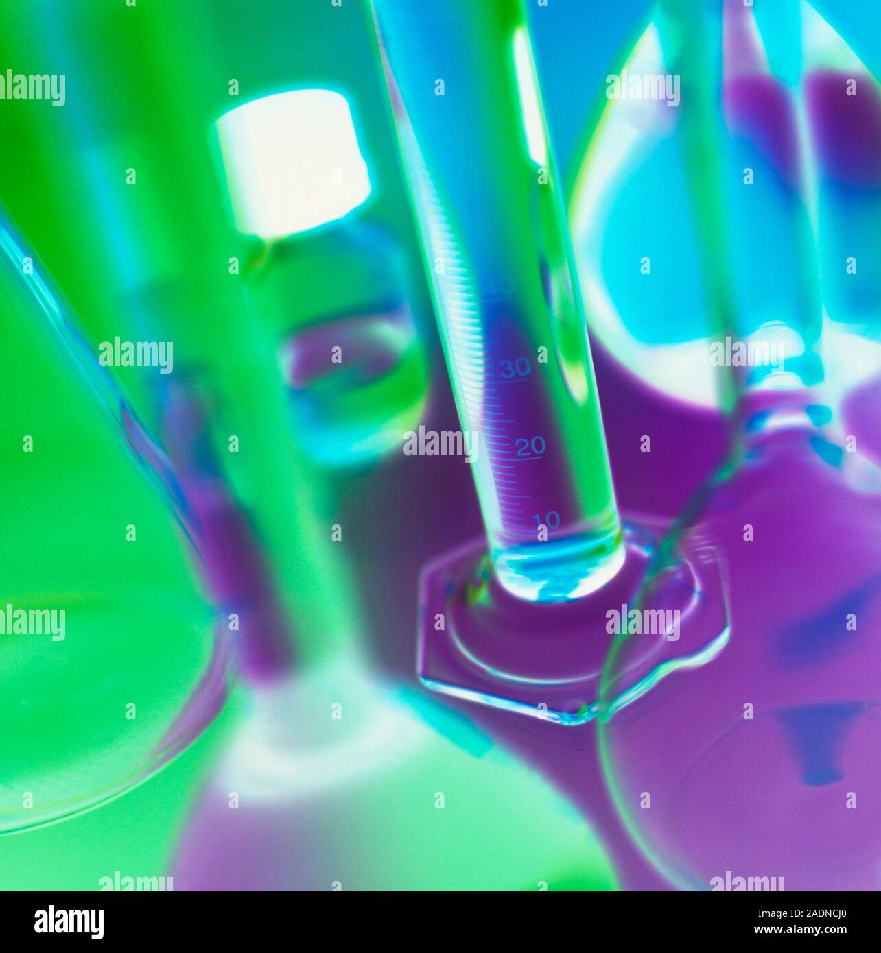 Laboratory glassware. Assortment of laboratory glassware. At centre is ...