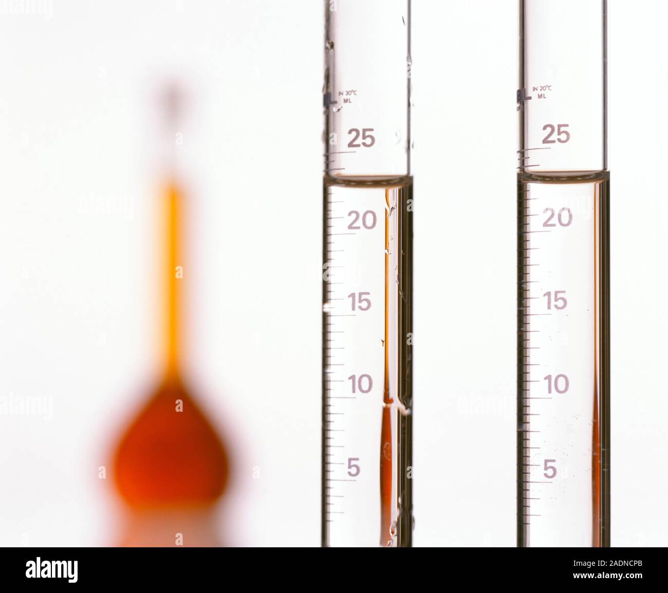 Laboratory glassware containing solutions. Two measuring cylinders are ...