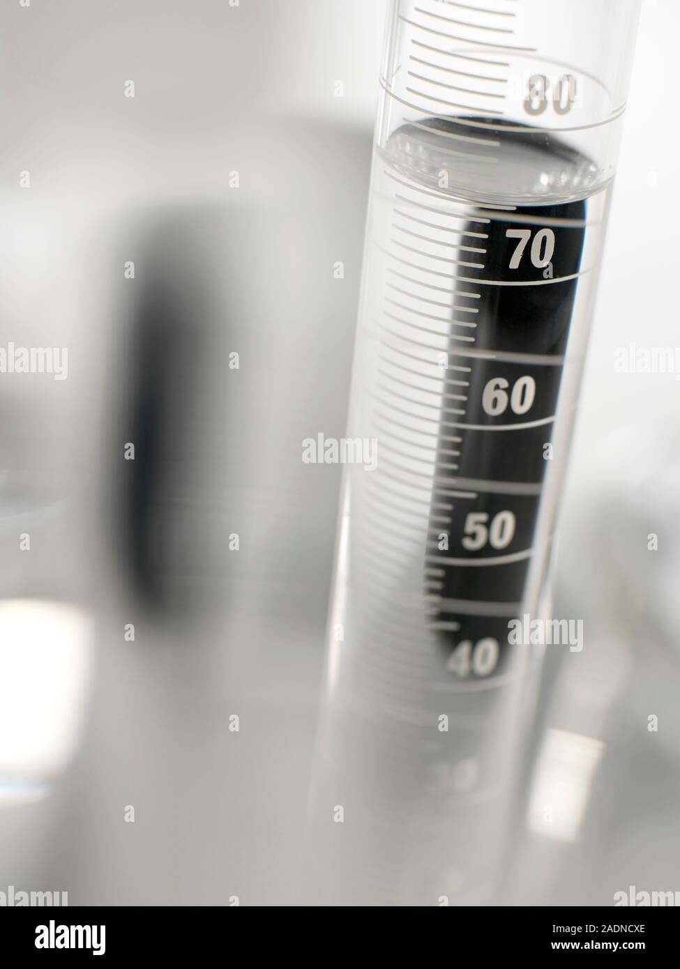 Laboratory glassware including a measuring cylinder (centre right ...